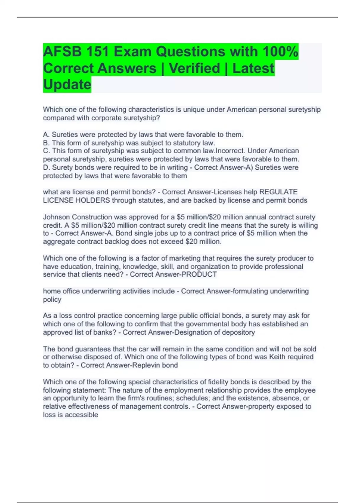 AFSB 151 Exam Questions with 100% Correct Answers | Verified | Latest ...