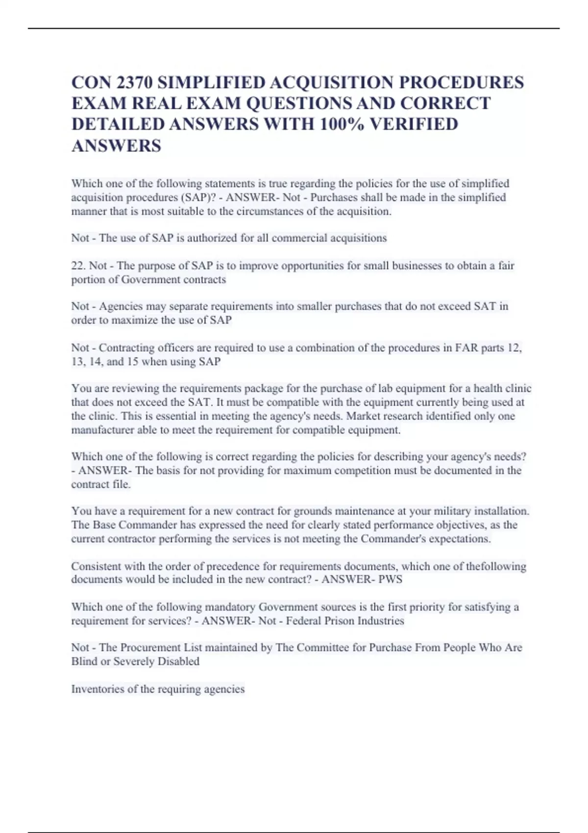 CON 2370 SIMPLIFIED ACQUISITION PROCEDURES EXAM REAL EXAM QUESTIONS AND ...