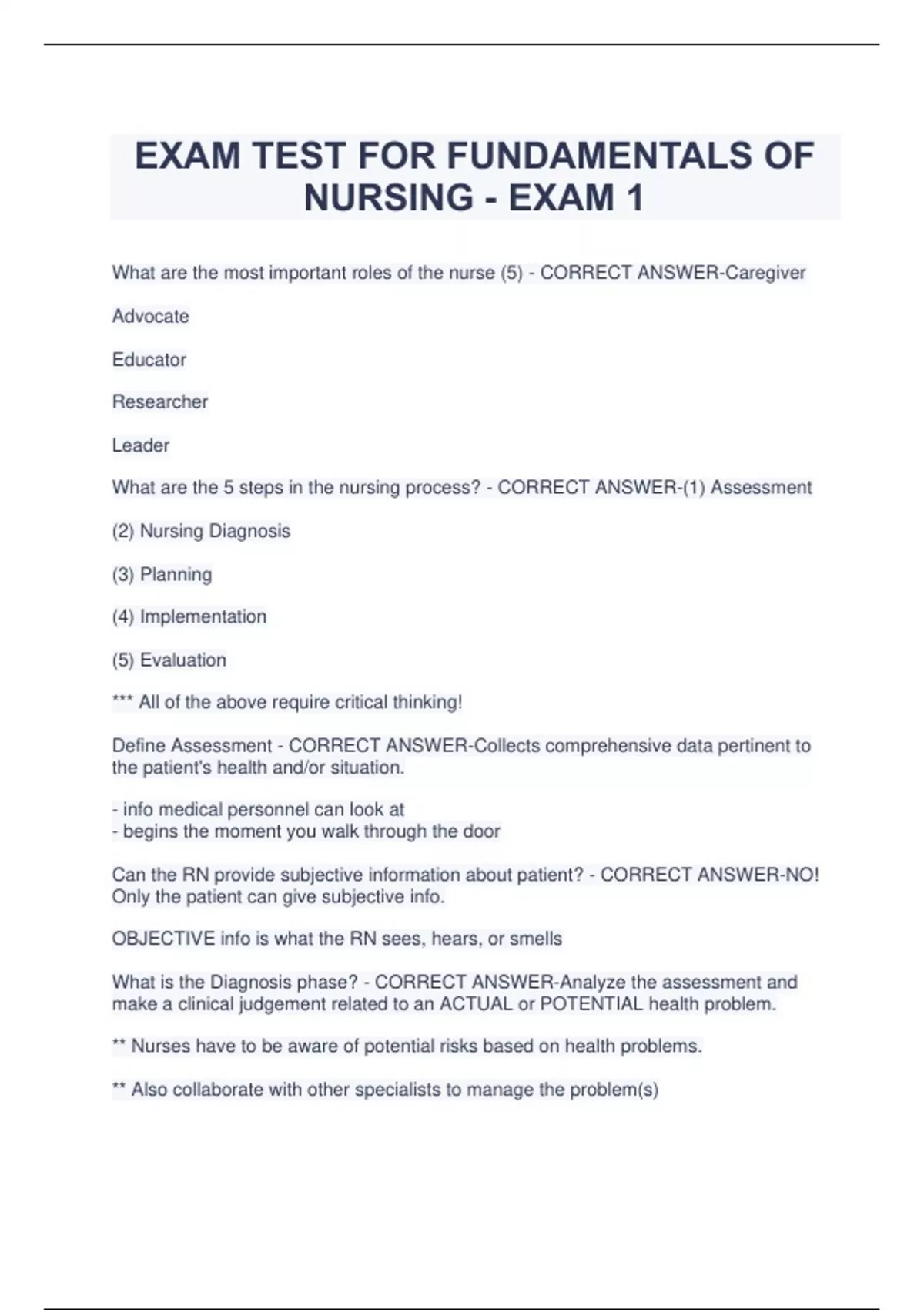 EXAM TEST FOR FUNDAMENTALS OF NURSING - EXAM 1 - EX NURSING -M 1 ...