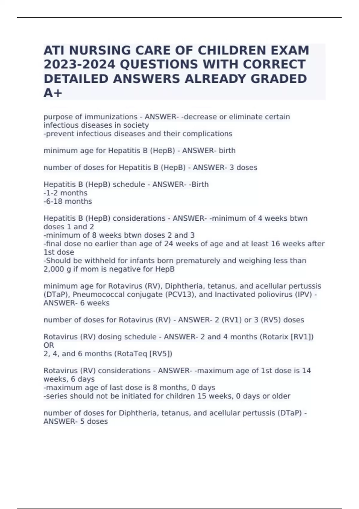ATI NURSING CARE OF CHILDREN EXAM QUESTIONS WITH CORRECT DETAILED ...