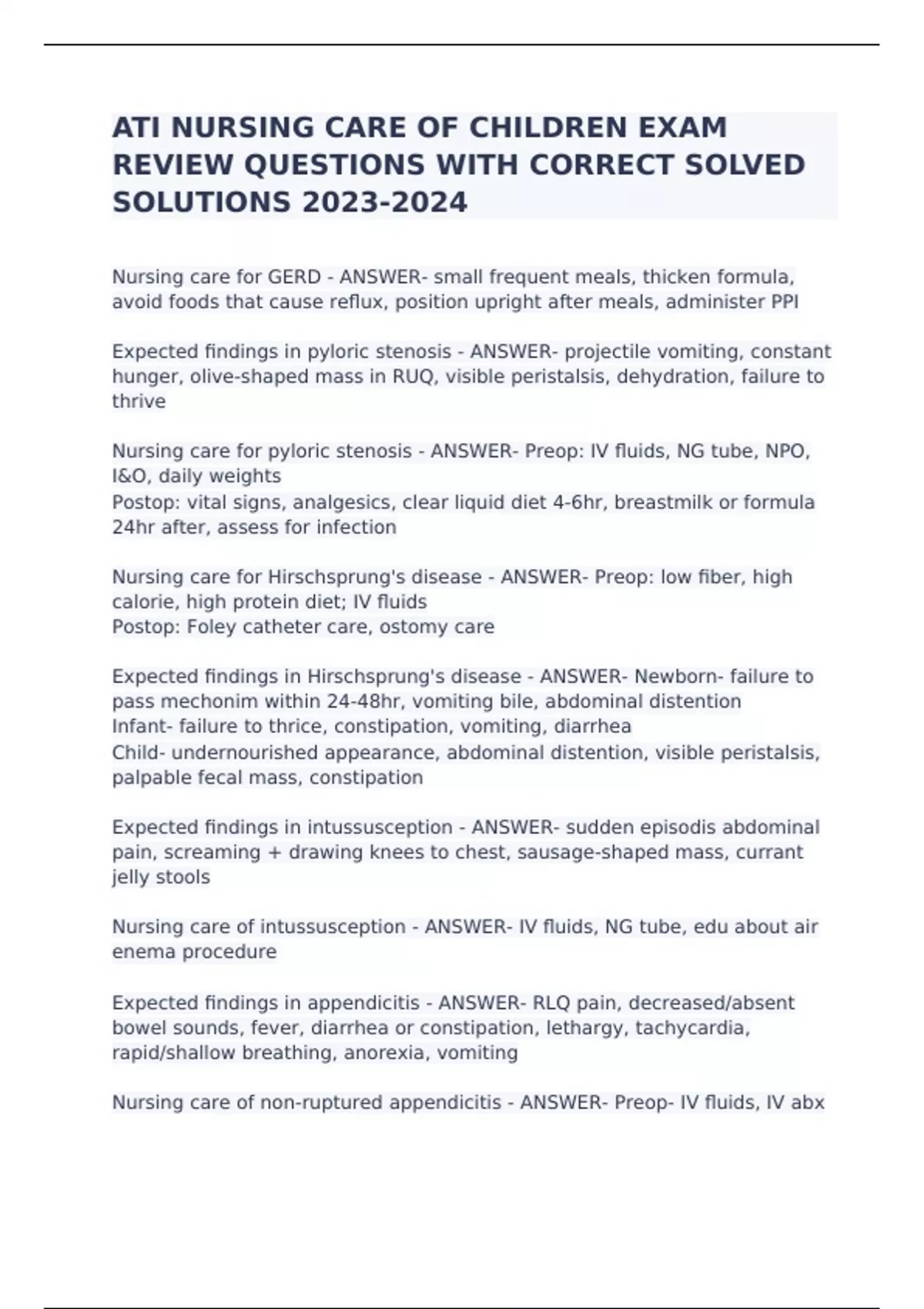 ATI NURSING CARE OF CHILDREN EXAM REVIEW QUESTIONS WITH CORRECT SOLVED ...