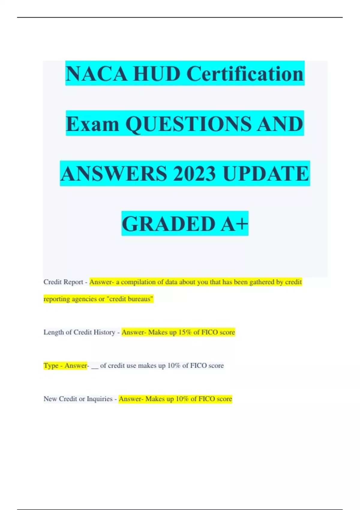 NACA HUD Certification Exam QUESTIONS AND ANSWERS 2023 UPDATE GRADED A+ - NACA HUD Certification ...