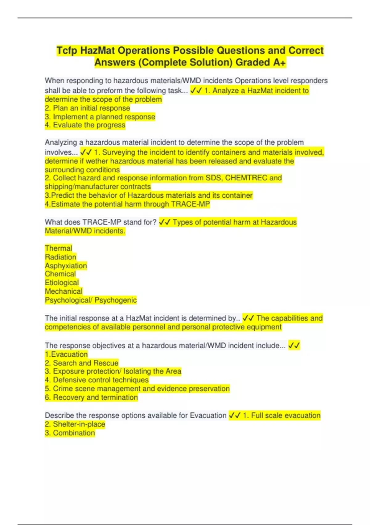Tcfp HazMat Operations Possible Questions and Correct Answers (Complete Solution) Graded A+ ...