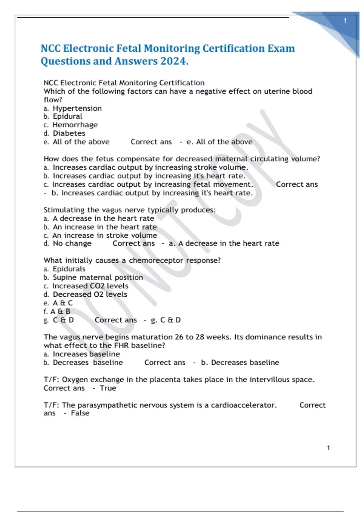 NCC Electronic Fetal Monitoring Certification Exam Questions and Answers 2024. - NCC Electronic ...