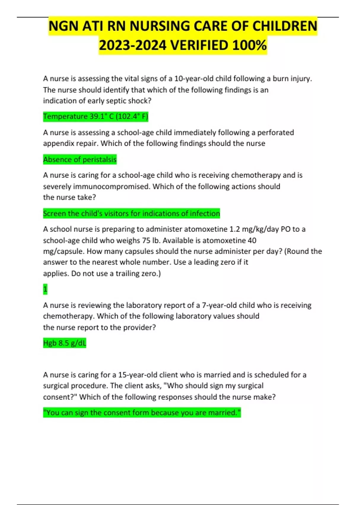 NGN ATI RN NURSING CARE OF CHILDREN VERIFIED 100% - ATI RN NURSING ...