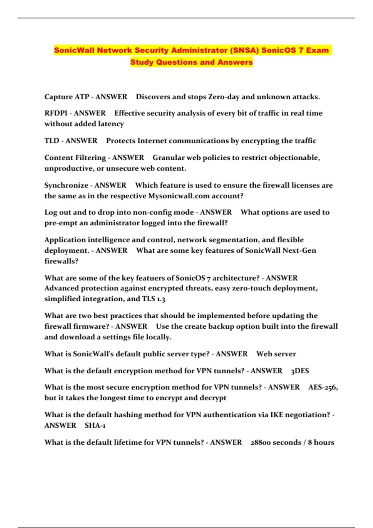 SonicWall Network Security Administrator (SNSA) SonicOS 7 Exam Study Questions and Answers ...