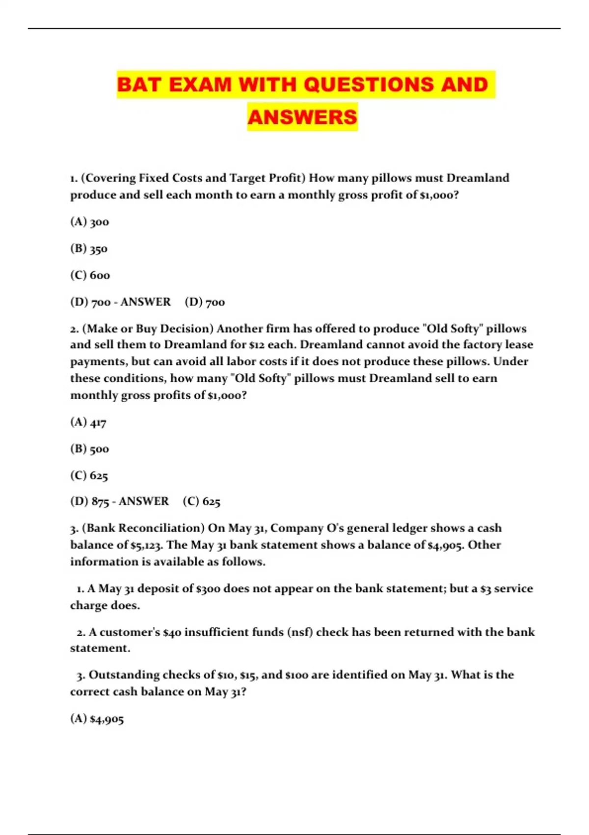 BAT EXAM WITH QUESTIONS AND ANSWERS - BAT - Stuvia US