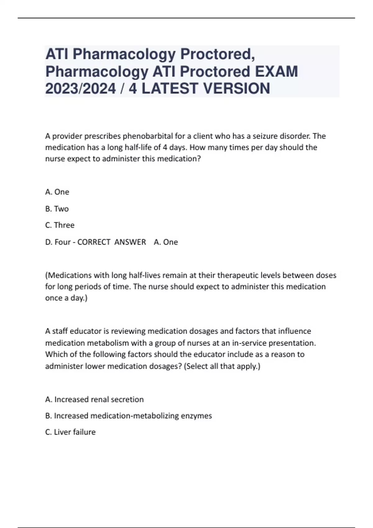 ATI Pharmacology Proctored, Pharmacology ATI Proctored EXAM 2023/2024 ...