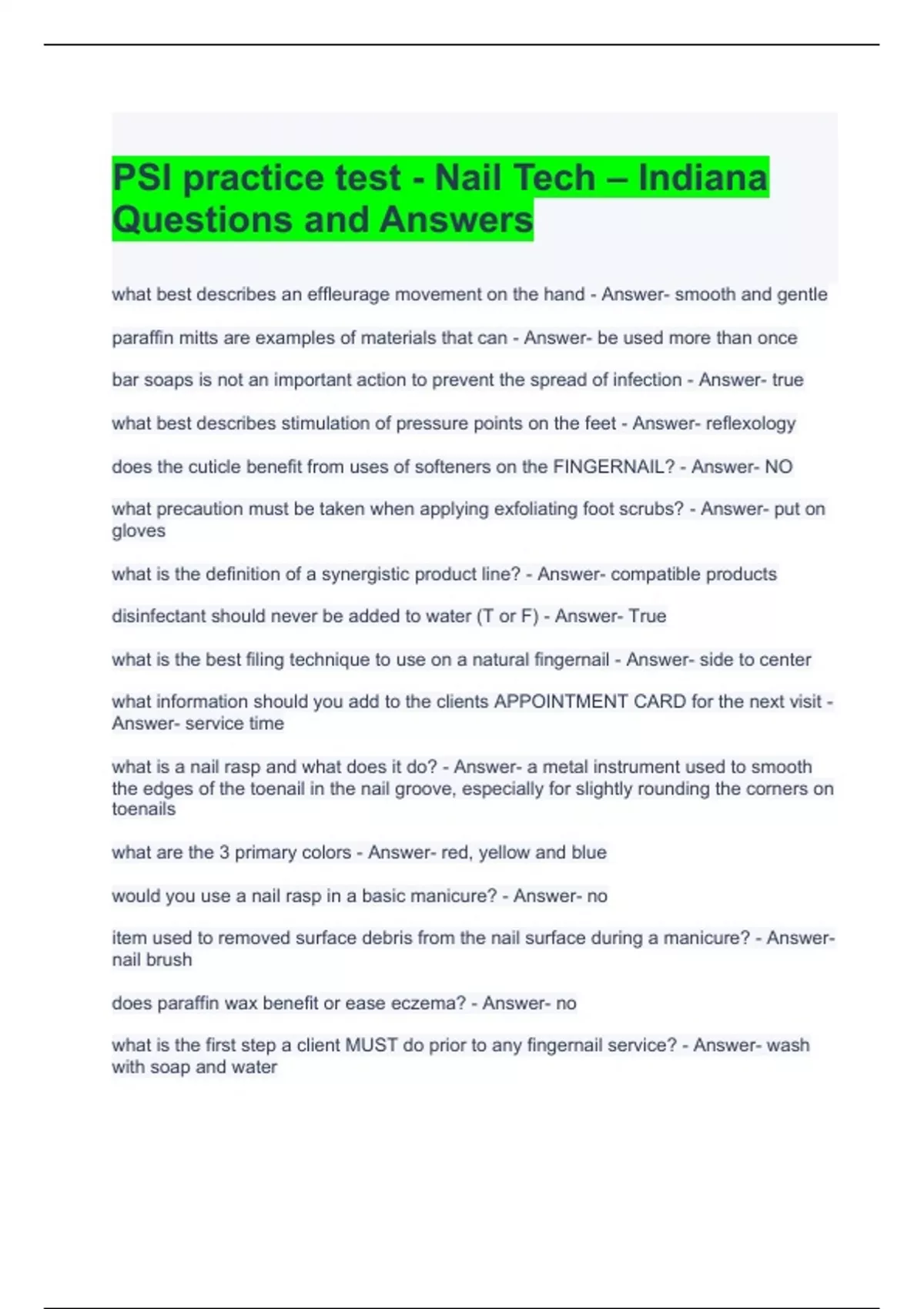 PSI Practice Test Nail Tech Indiana Questions And Answers 2023