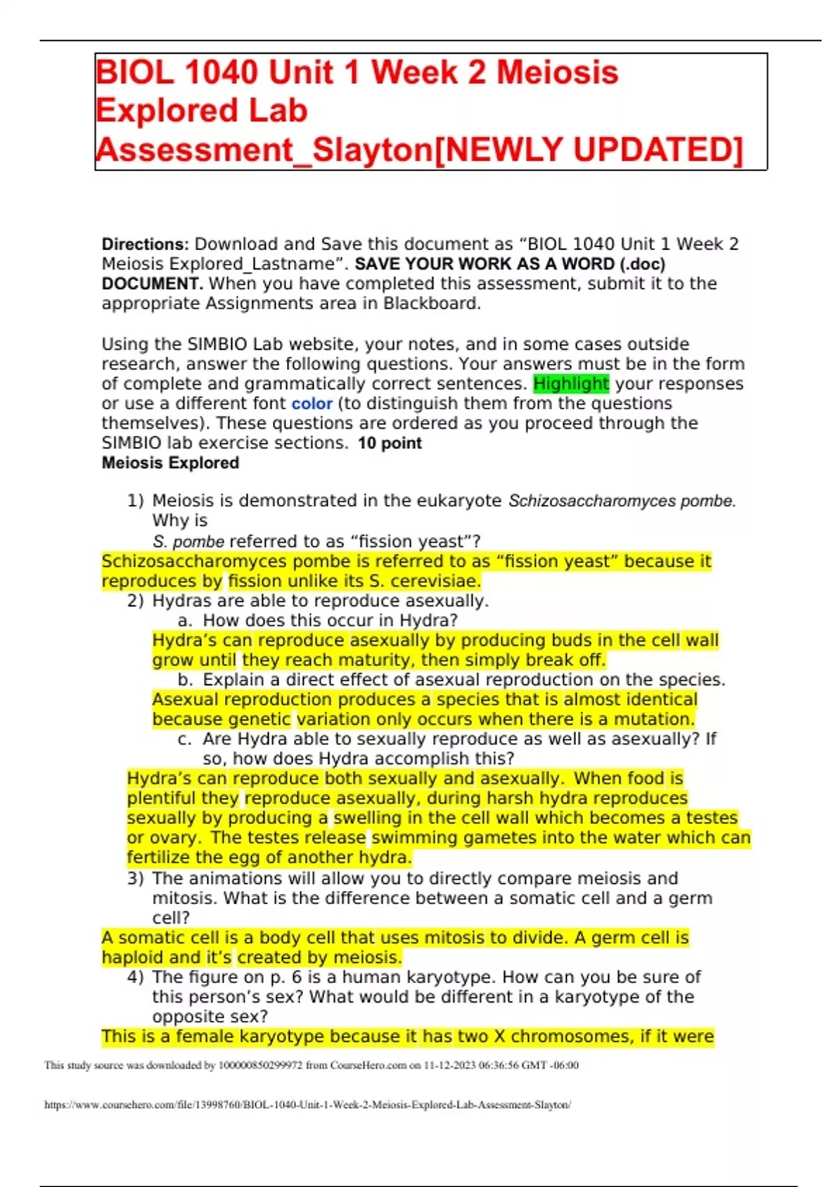 BIOL 1040 Unit 1 Week 2 Meiosis Explored Lab Assessment_Slayton[NEWLY UPDATED] - BIOL 1040 ...