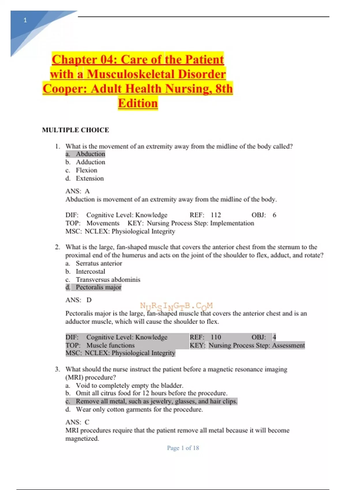 Chapter 04: Care of the Patient with a Musculoskeletal Disorder Cooper ...