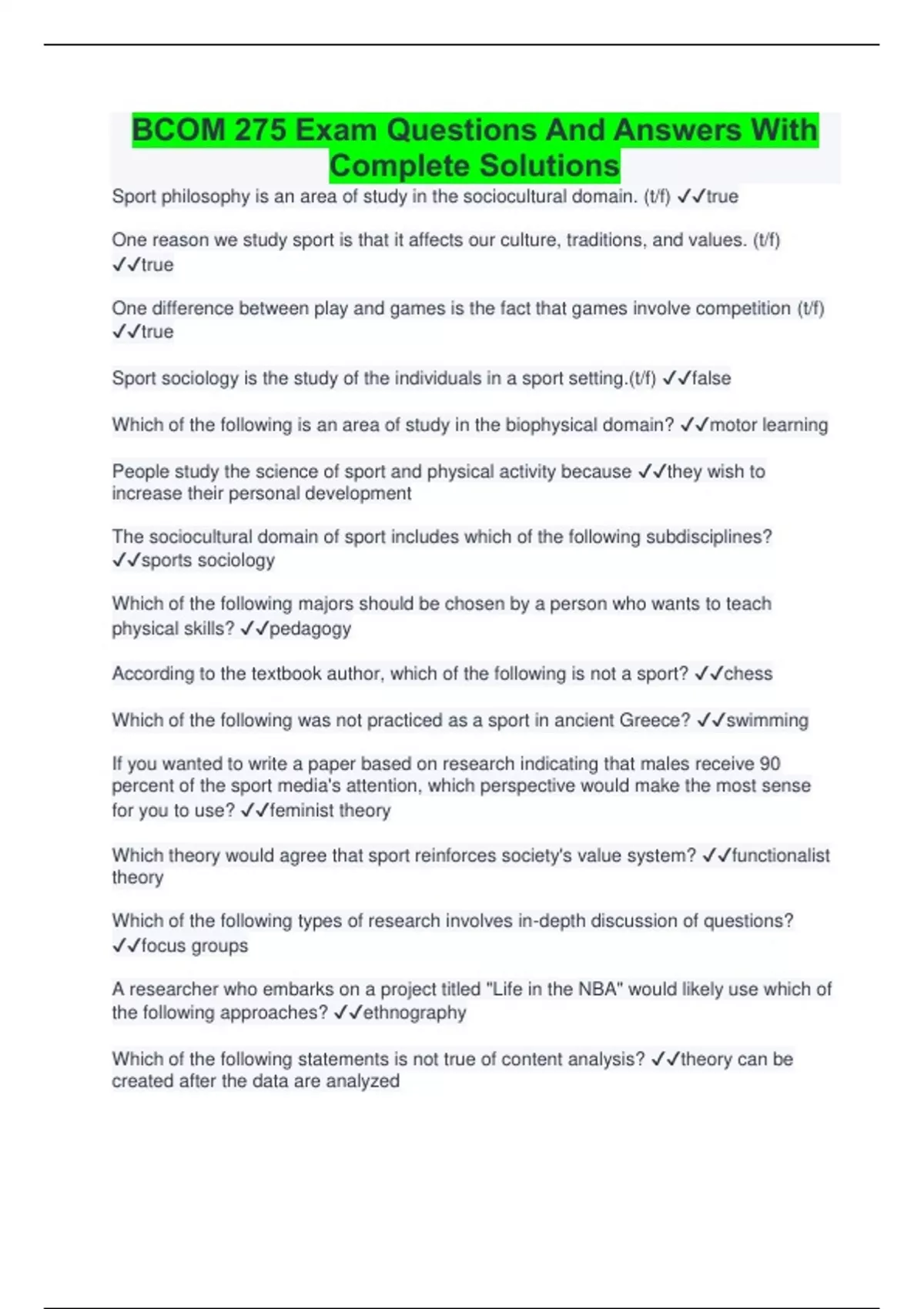 BCOM 275 Exam Questions And Answers With Complete Solutions - Nurs 450 - Stuvia US