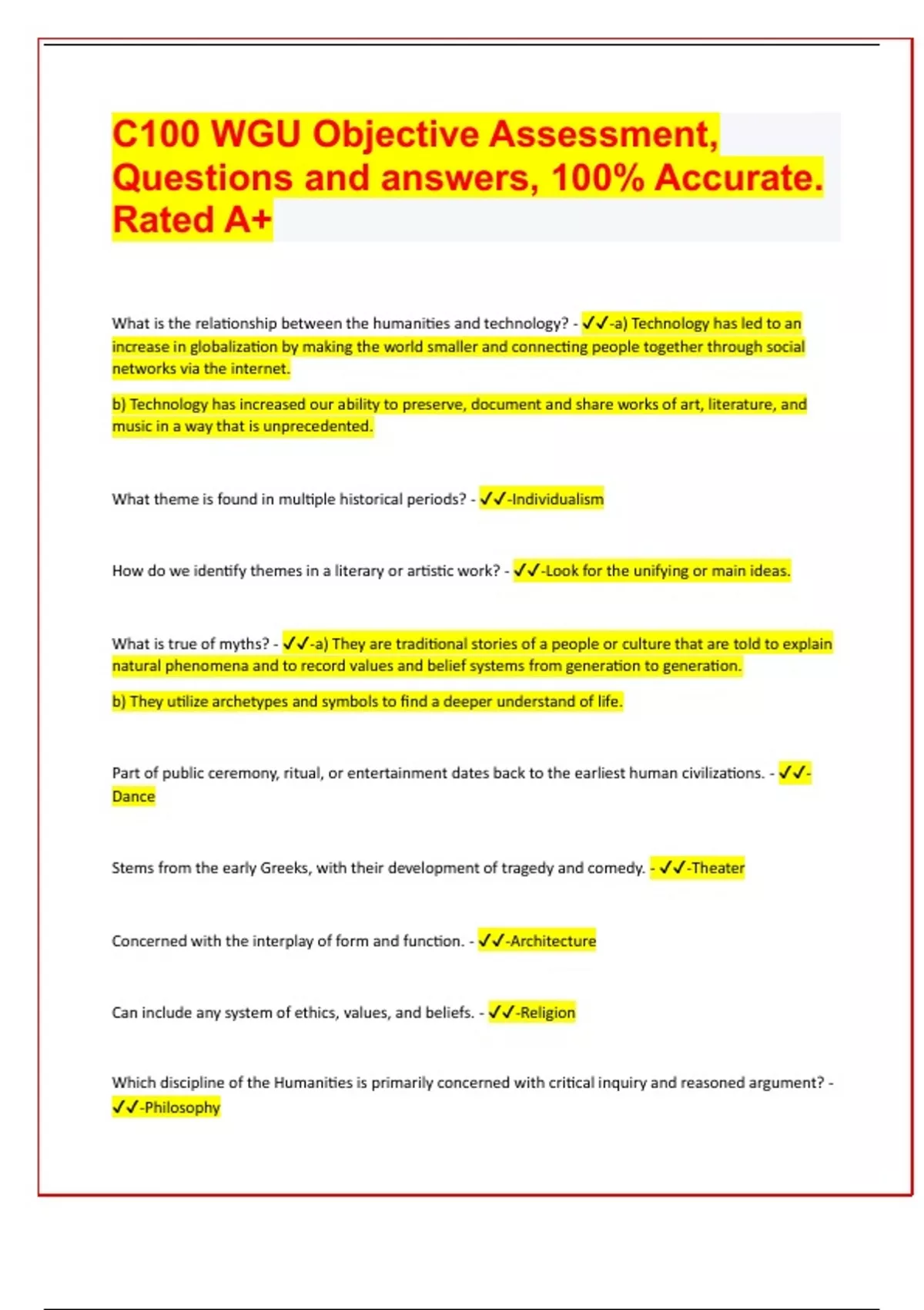 C100 WGU Objective Assessment, Questions and answers, 100% Accurate ...