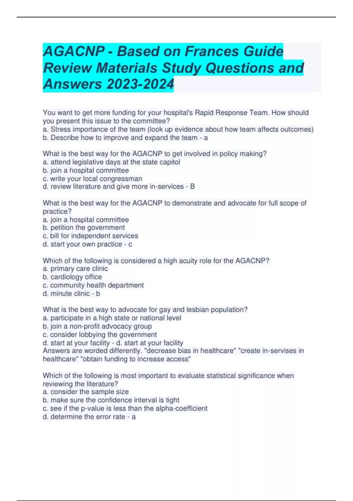 AGACNP - Based on Frances Guide Review Materials Study Questions and ...