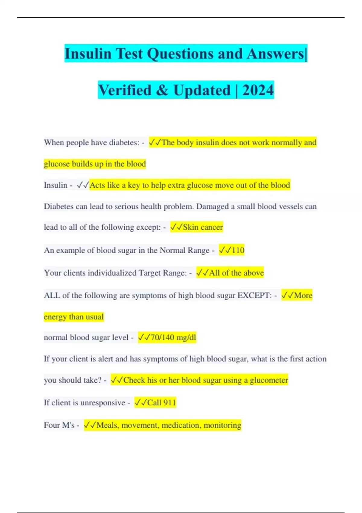 Insulin Test Questions and Answers| Verified & Updated | 2024 - Insulin ...