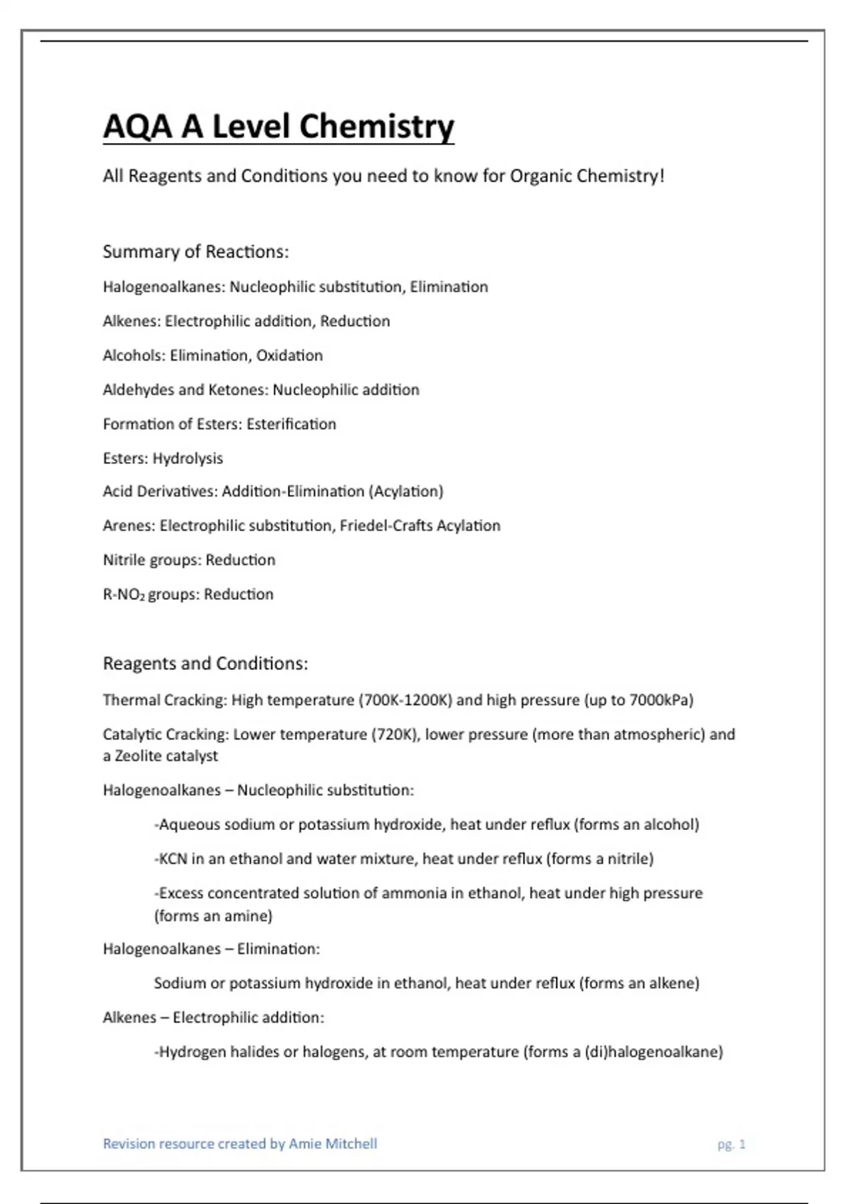 Summary All Reagents and Conditions for AQA A Level Organic Chemistry ...