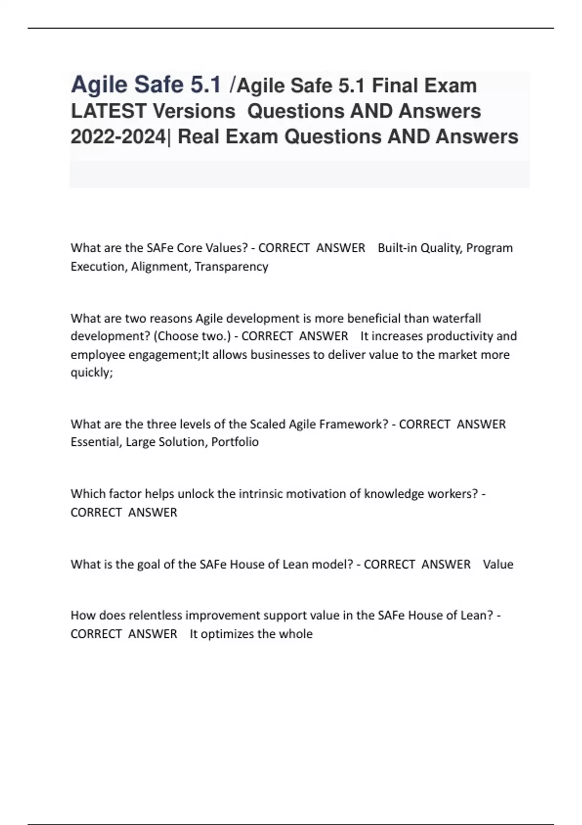 Agile Safe 5 1 Agile Safe 5 1 Final Exam Latest Versions Questions And Answers Real Exam
