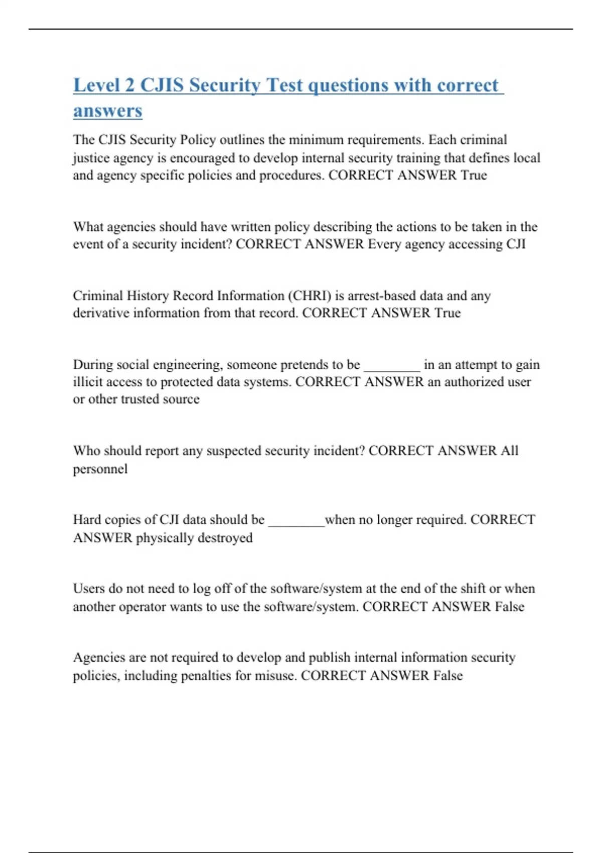 Level 2 CJIS Security Test questions with correct answers - Cjis ...