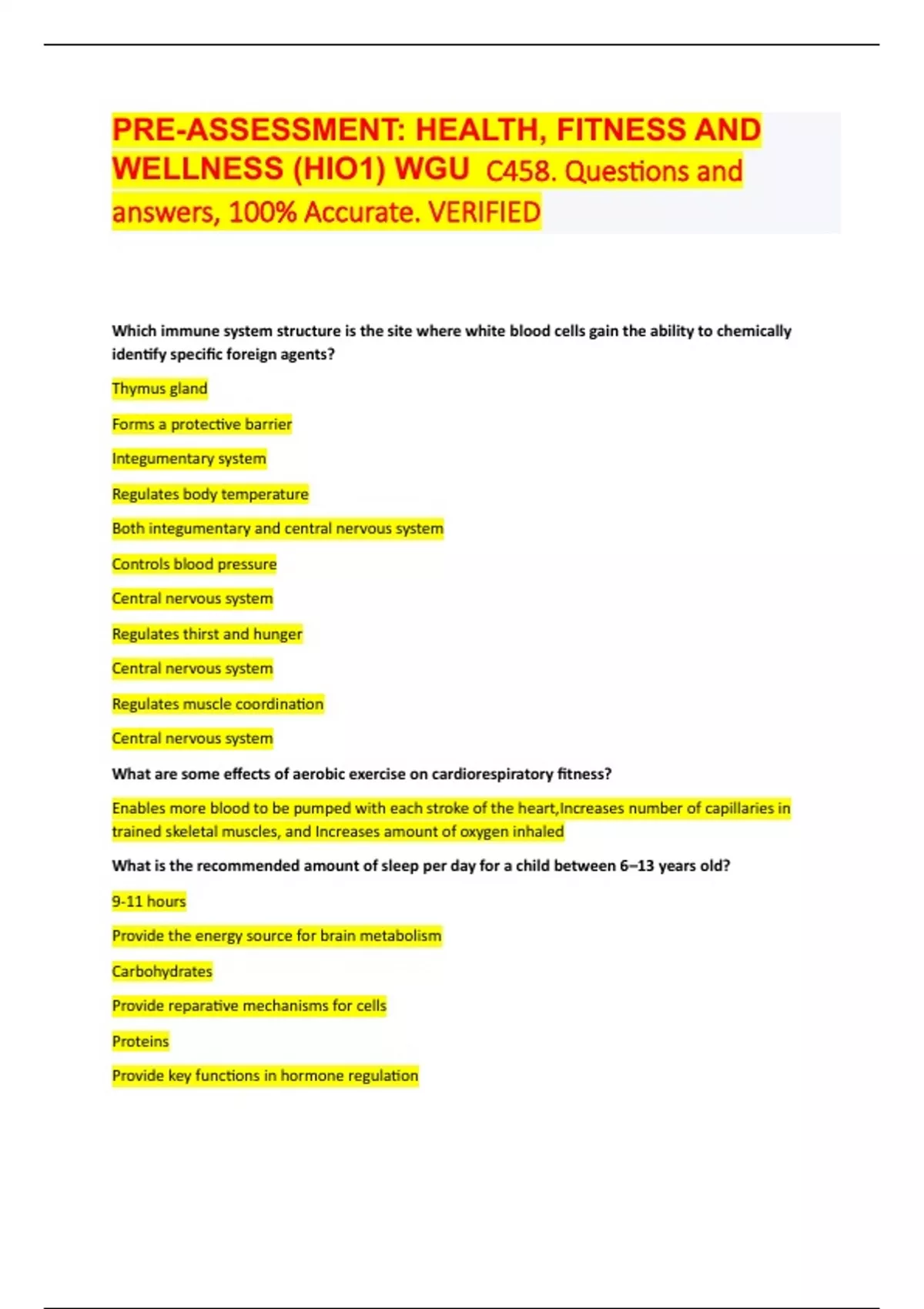 PRE-ASSESSMENT: HEALTH, FITNESS AND WELLNESS (HIO1) WGU C458. Questions ...