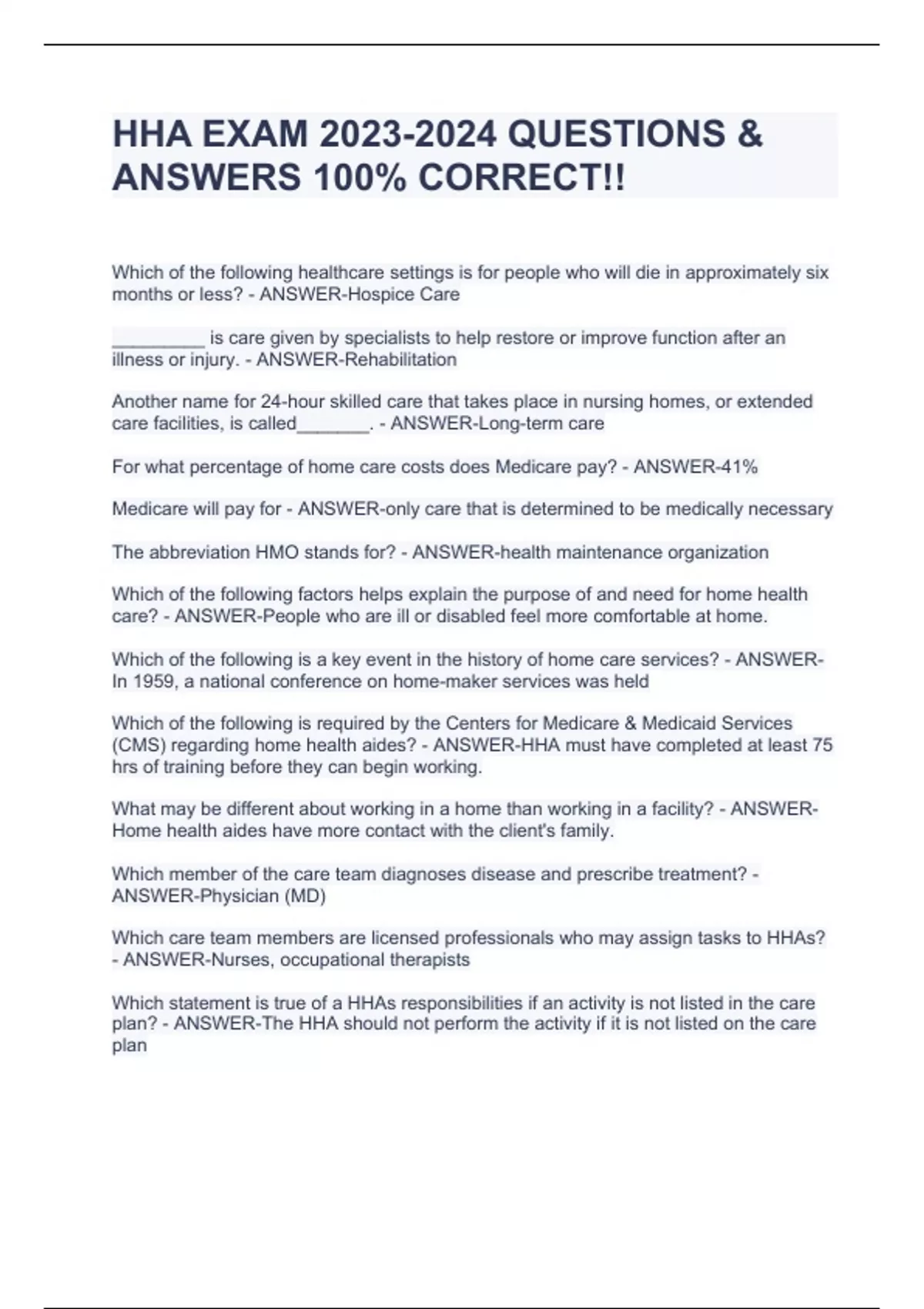 HHA EXAM QUESTIONS & ANSWERS 100% CORRECT!! - HHA - Stuvia US