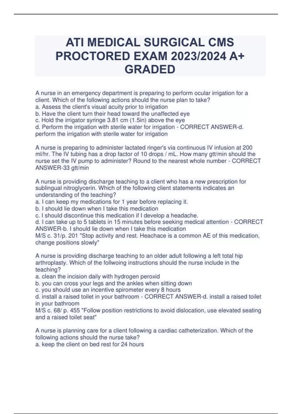 ATI MEDICAL SURGICAL CMS PROCTORED EXAM 2023/2024 A+ GRADED - ATI ...