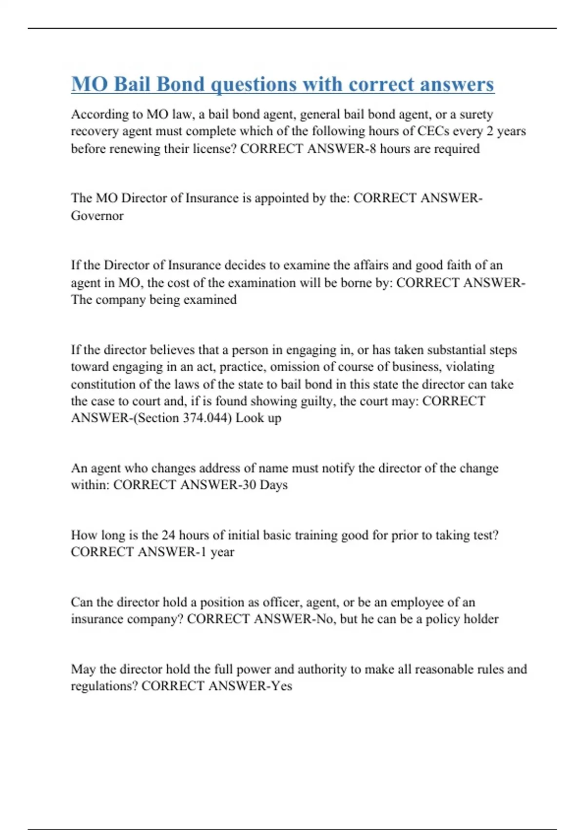 MO Bail Bond questions with correct answers - Bail Bonds - Stuvia US