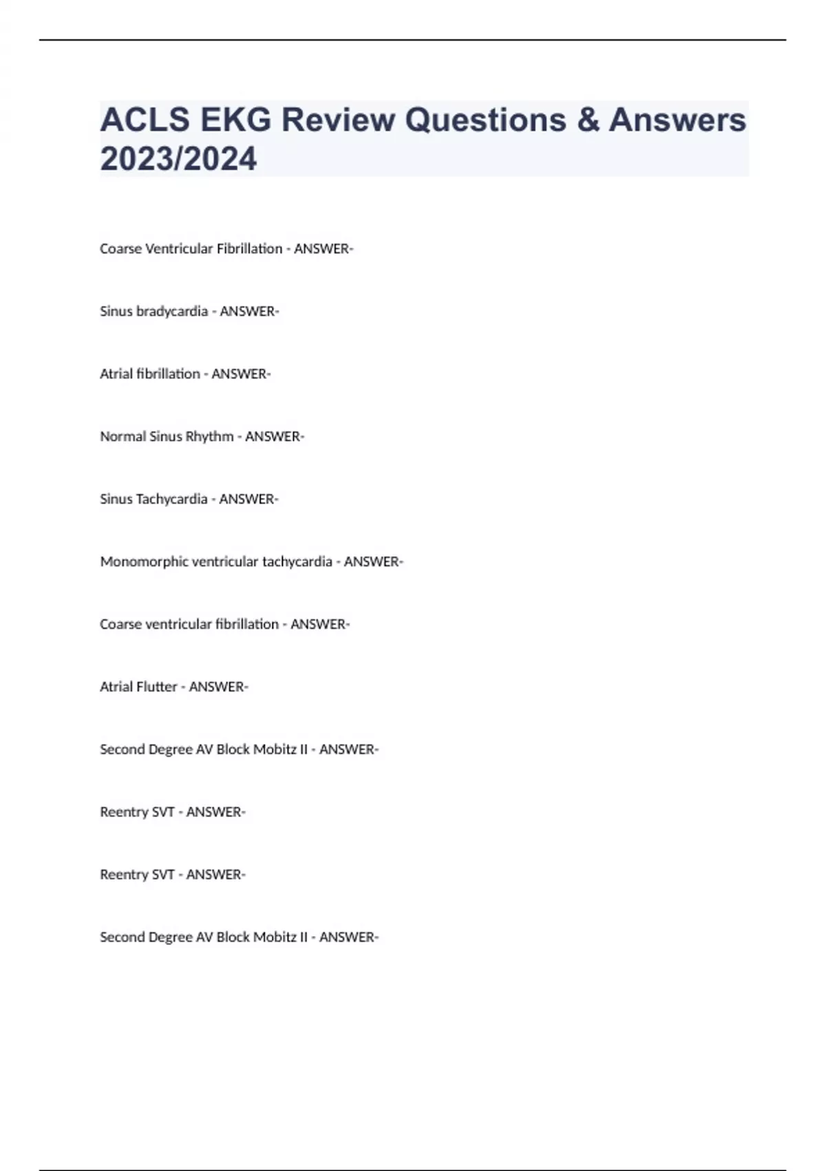 ACLS EKG Review Questions & Answers 2023/2024 - ACLS EKG - Stuvia US