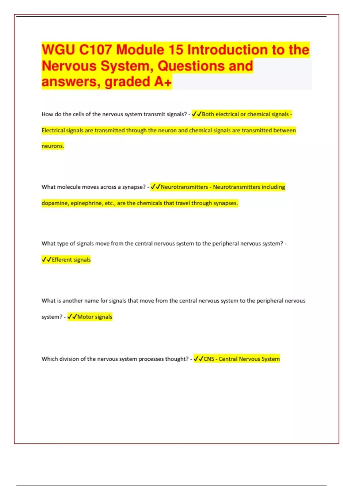 WGU C107 Module 15 Introduction to the Nervous System, Questions and ...