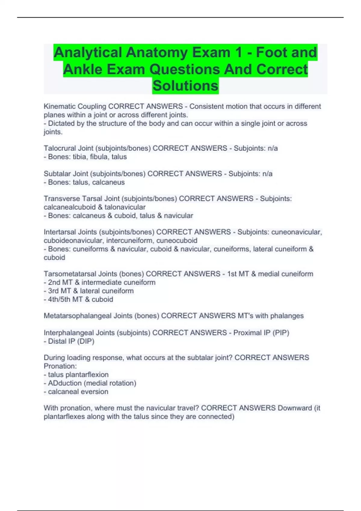 Analytical Anatomy Exam 1 - Foot and Ankle Exam Questions And Correct ...
