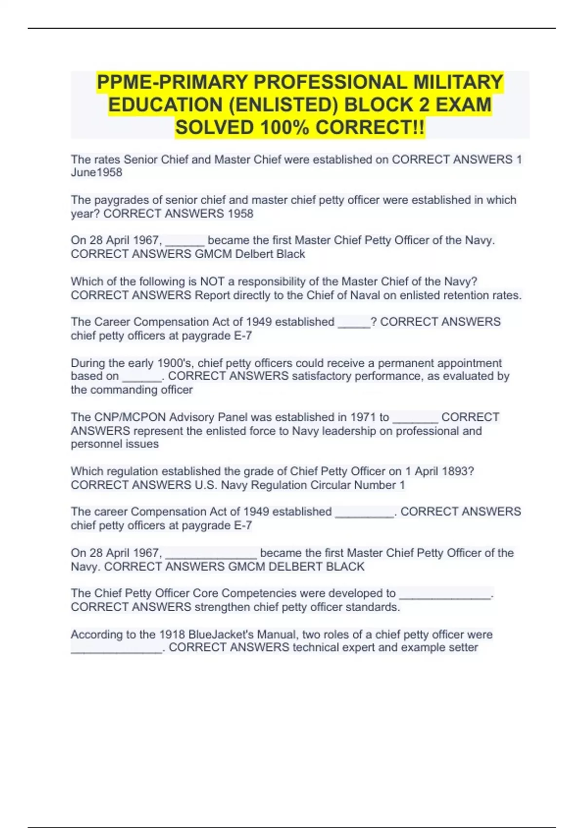 PPME-PRIMARY PROFESSIONAL MILITARY EDUCATION (ENLISTED) BLOCK 2 EXAM ...