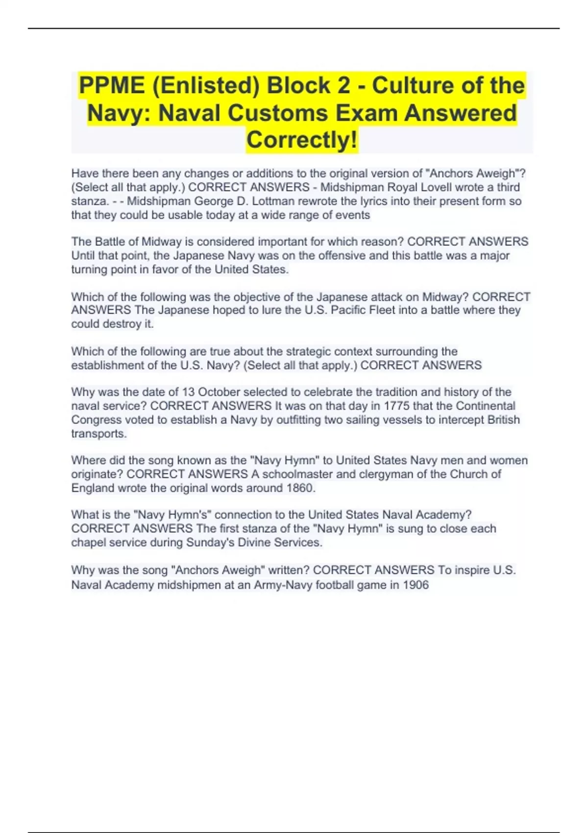 PPME (Enlisted) Block 2 - Culture of the Navy: Naval Customs Exam ...