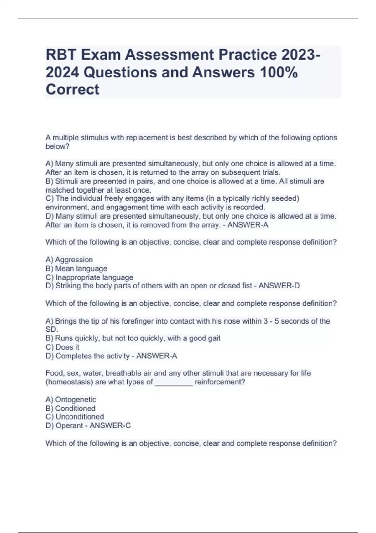 RBT Exam Assessment Practice Questions and Answers 100% Correct - Rbt ...