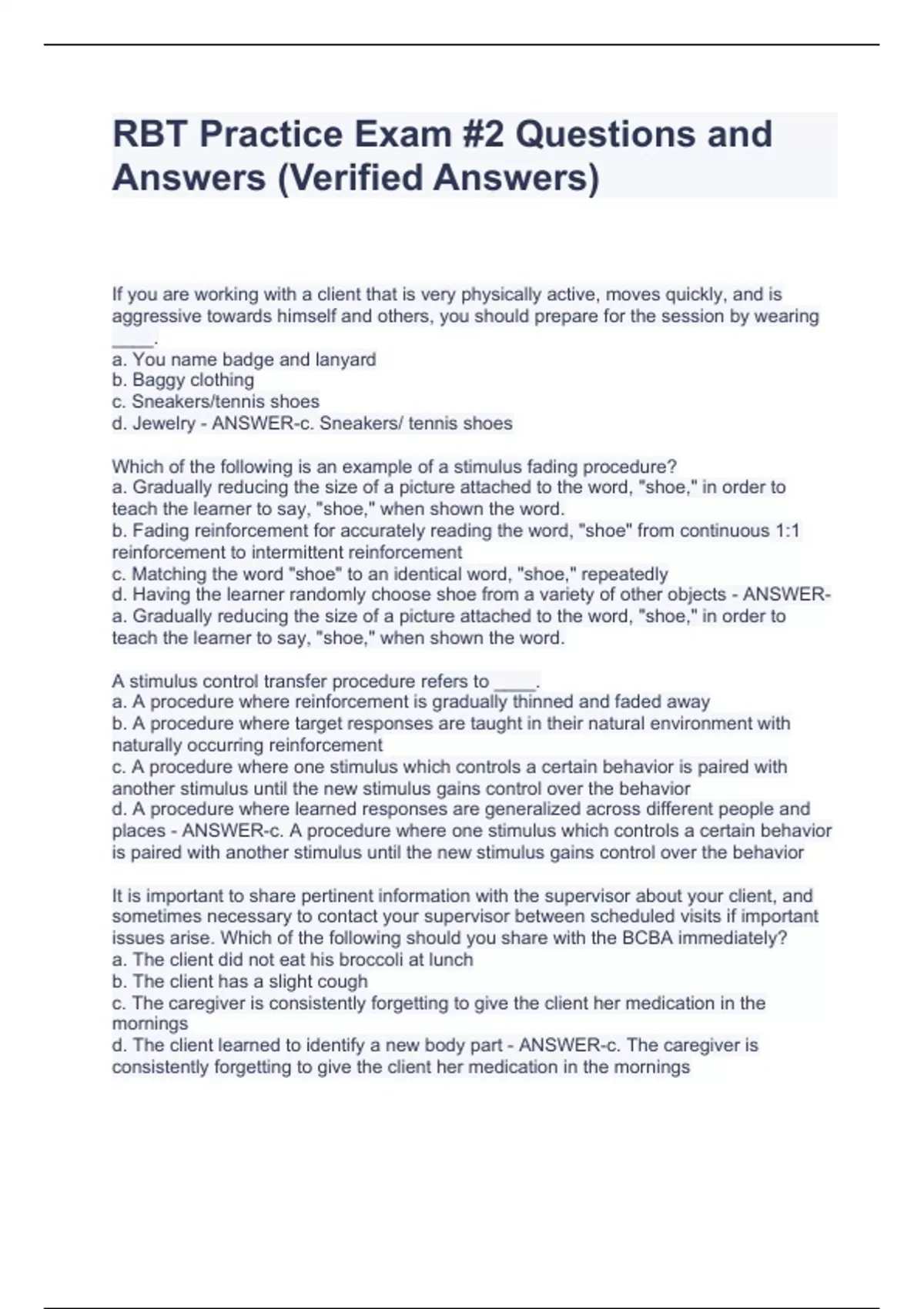 Rbt Practice Exam 2 Questions And Answers Verified Answers Rbt Stuvia Us