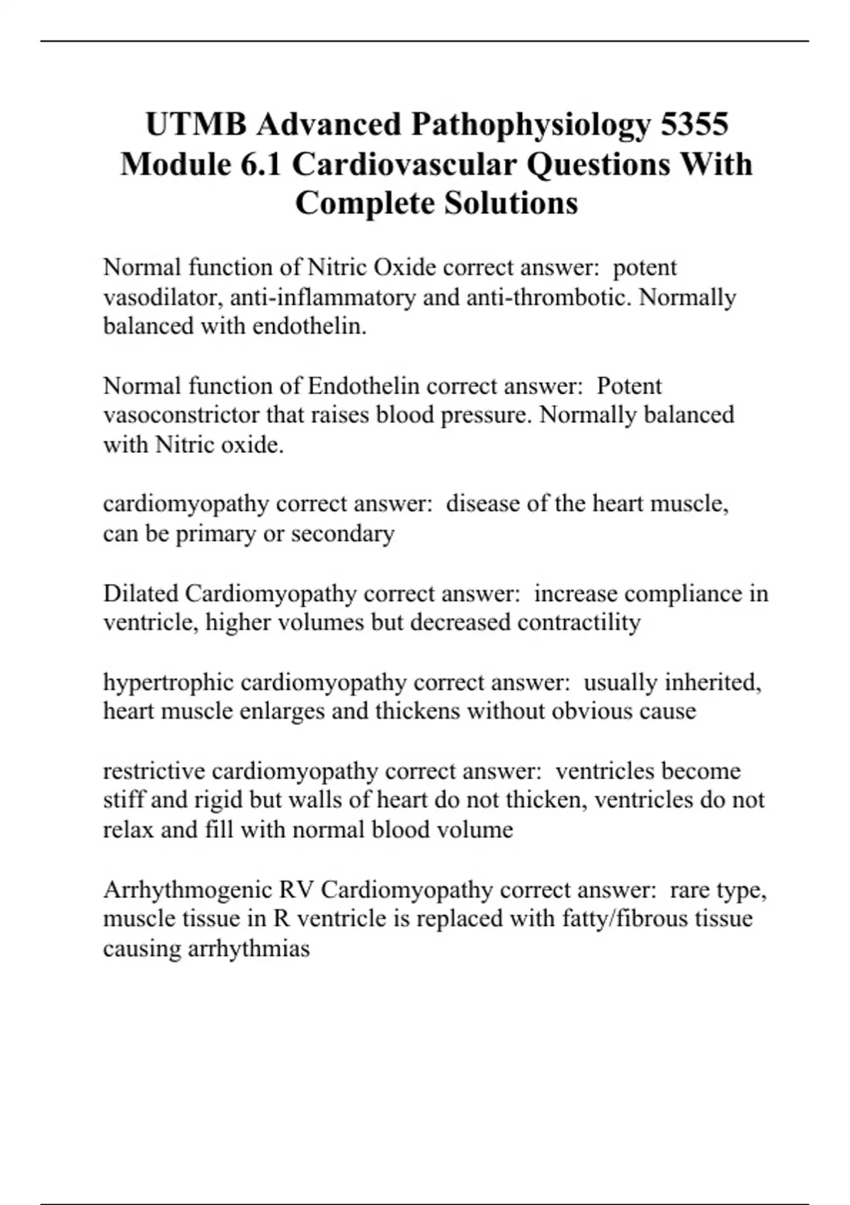 UTMB Advanced Pathophysiology 5355 Module 6.1 Cardiovascular Questions ...