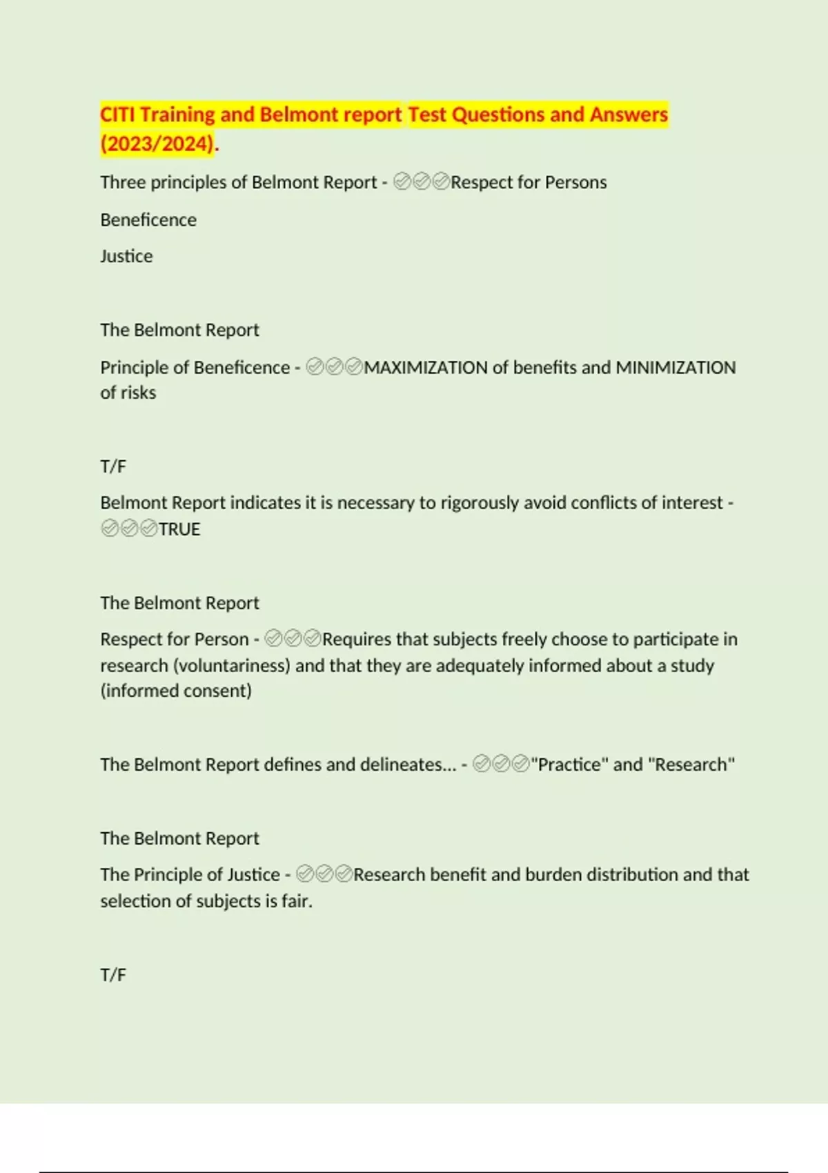 CITI Training and Belmont report Test Questions and Answers (2023/2024 ...