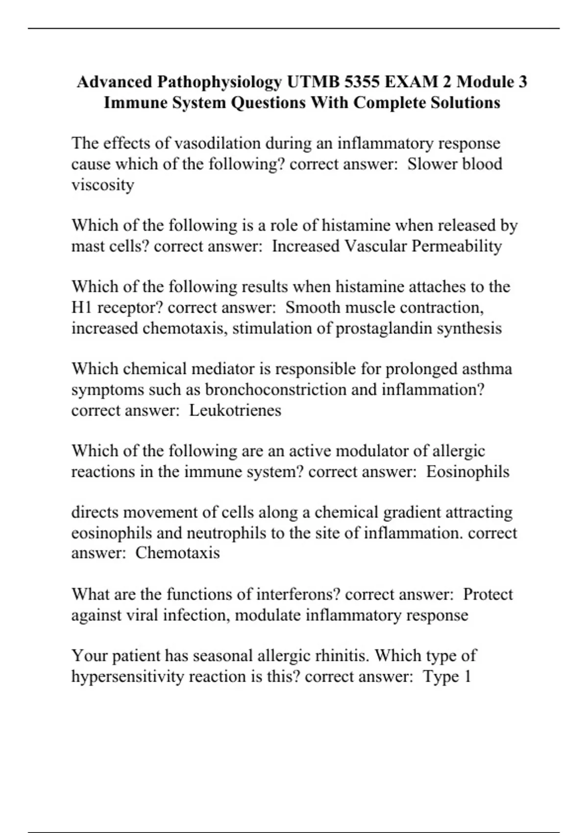 Advanced Pathophysiology UTMB 5355 EXAM 2 Module 3 Immune System ...