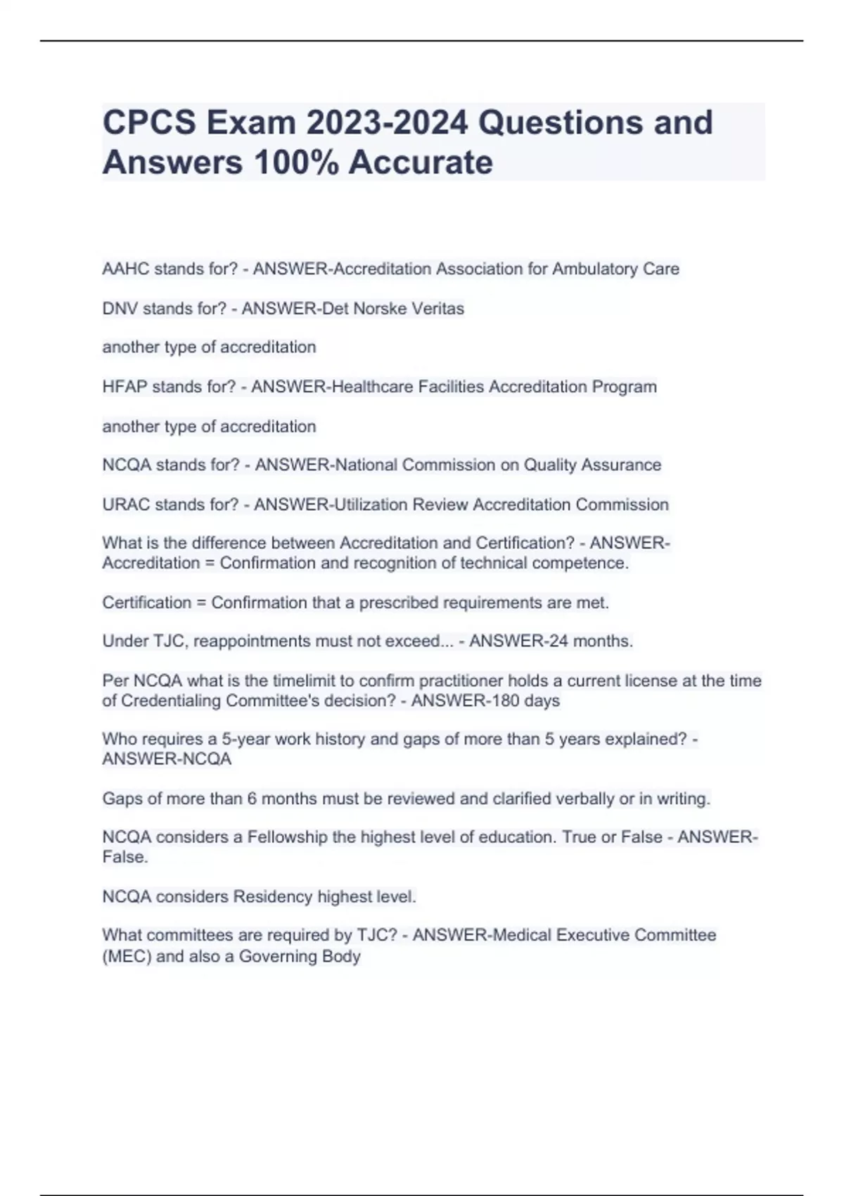 CPCS Exam Questions and Answers 100% Accurate - Cpcs - Stuvia US