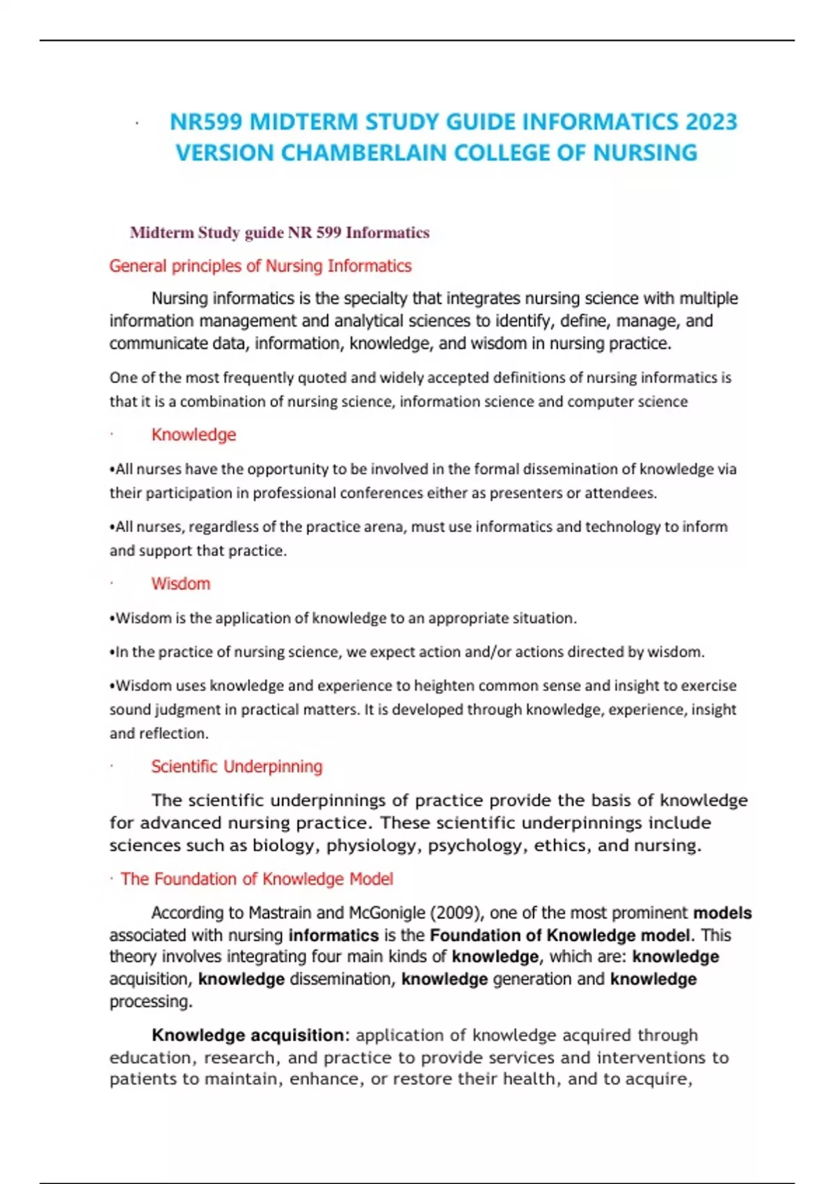 NR599 MIDTERM STUDY GUIDE INFORMATICS 2023 VERSION CHAMBERLAIN COLLEGE OF NURSING - NR599 ...
