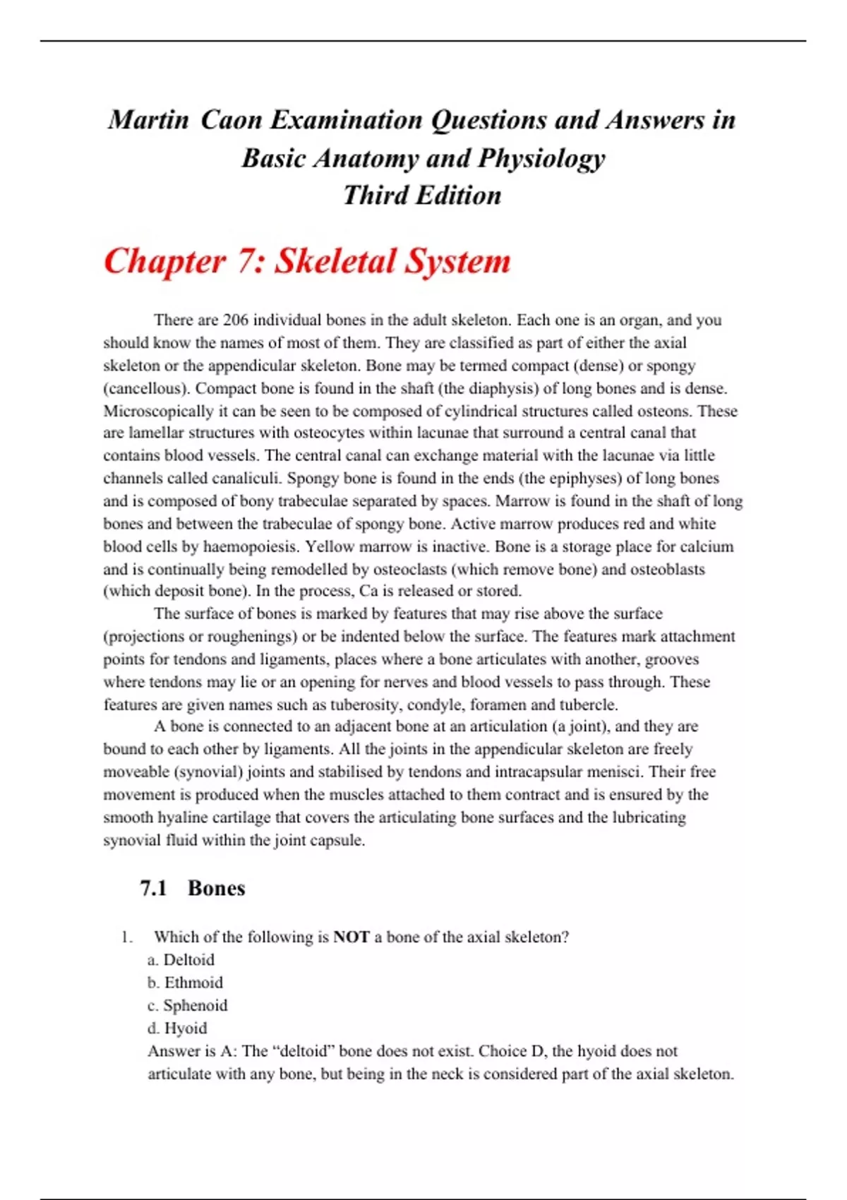 Chapter 7: Skeletal System Martin Caon Examination Questions and ...