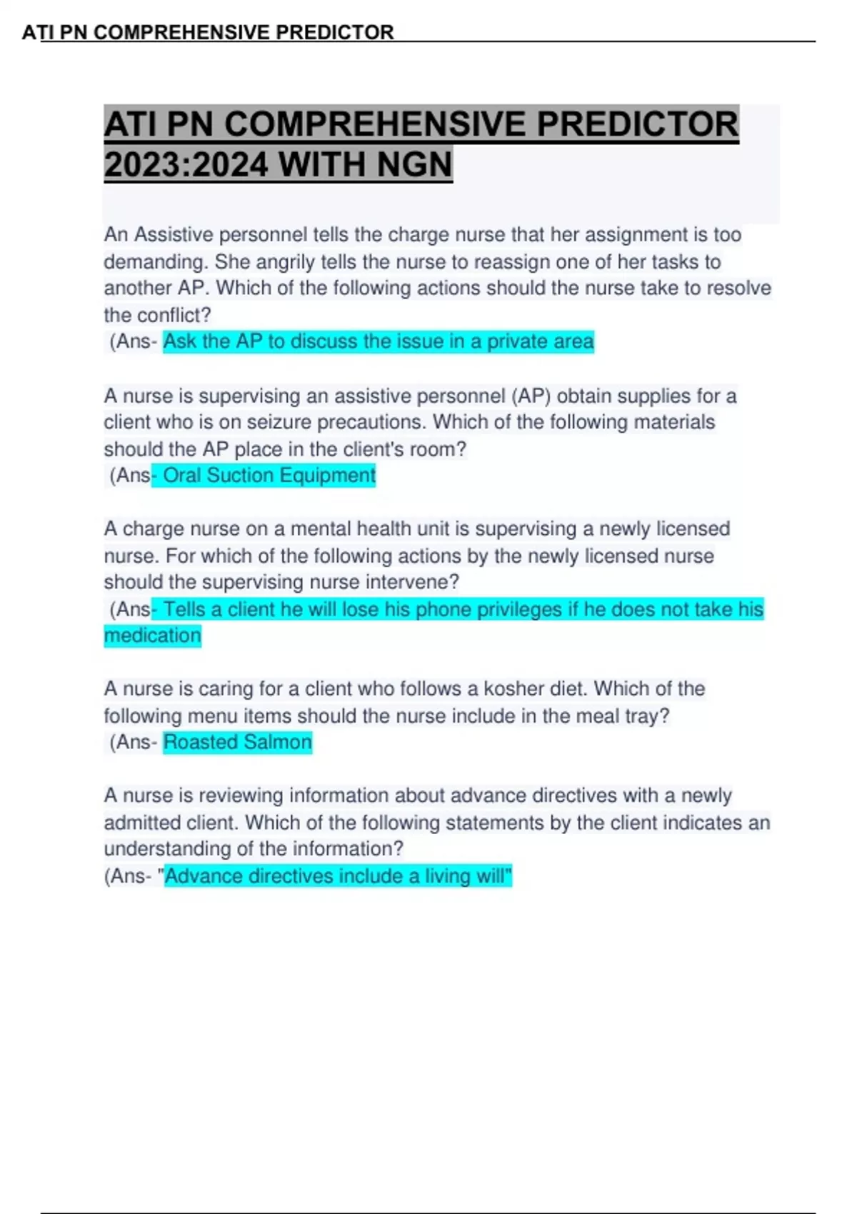 ATI PN COMPREHENSIVE PREDICTOR 2023:2024 WITH NGN: Questions & Answers ...