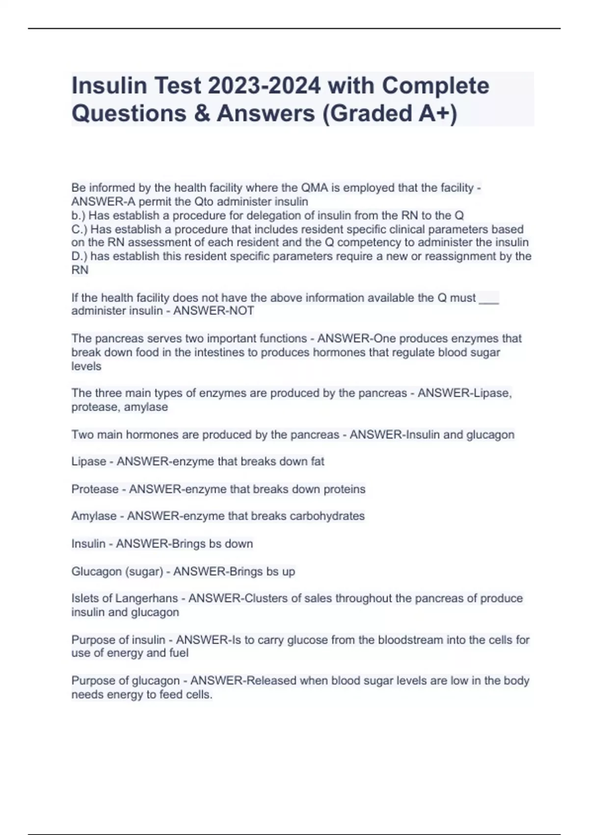 Insulin Test with Complete Questions & Answers (Graded A+) - Insulin ...