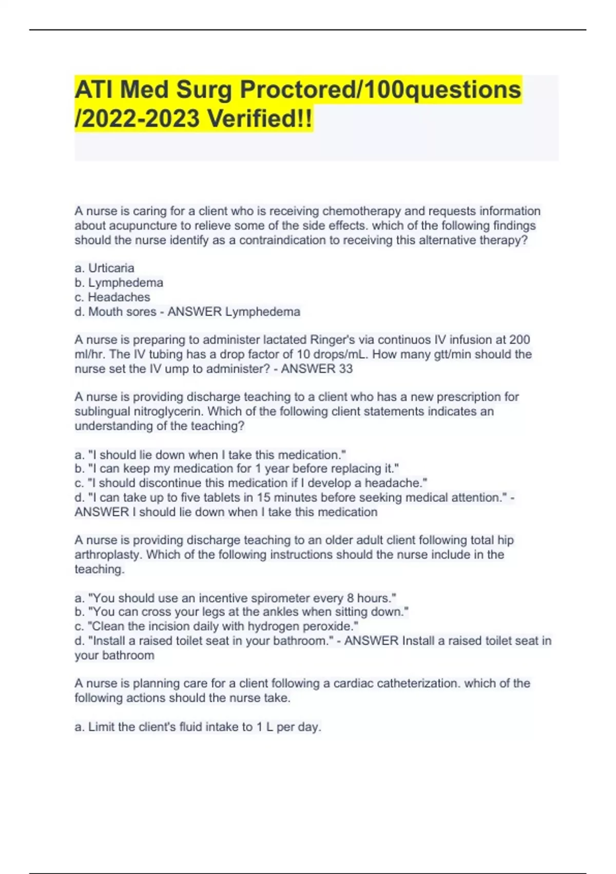 ATI Med Surg Proctored/100questions / Verified!! - ATI Med Surg - Stuvia UK