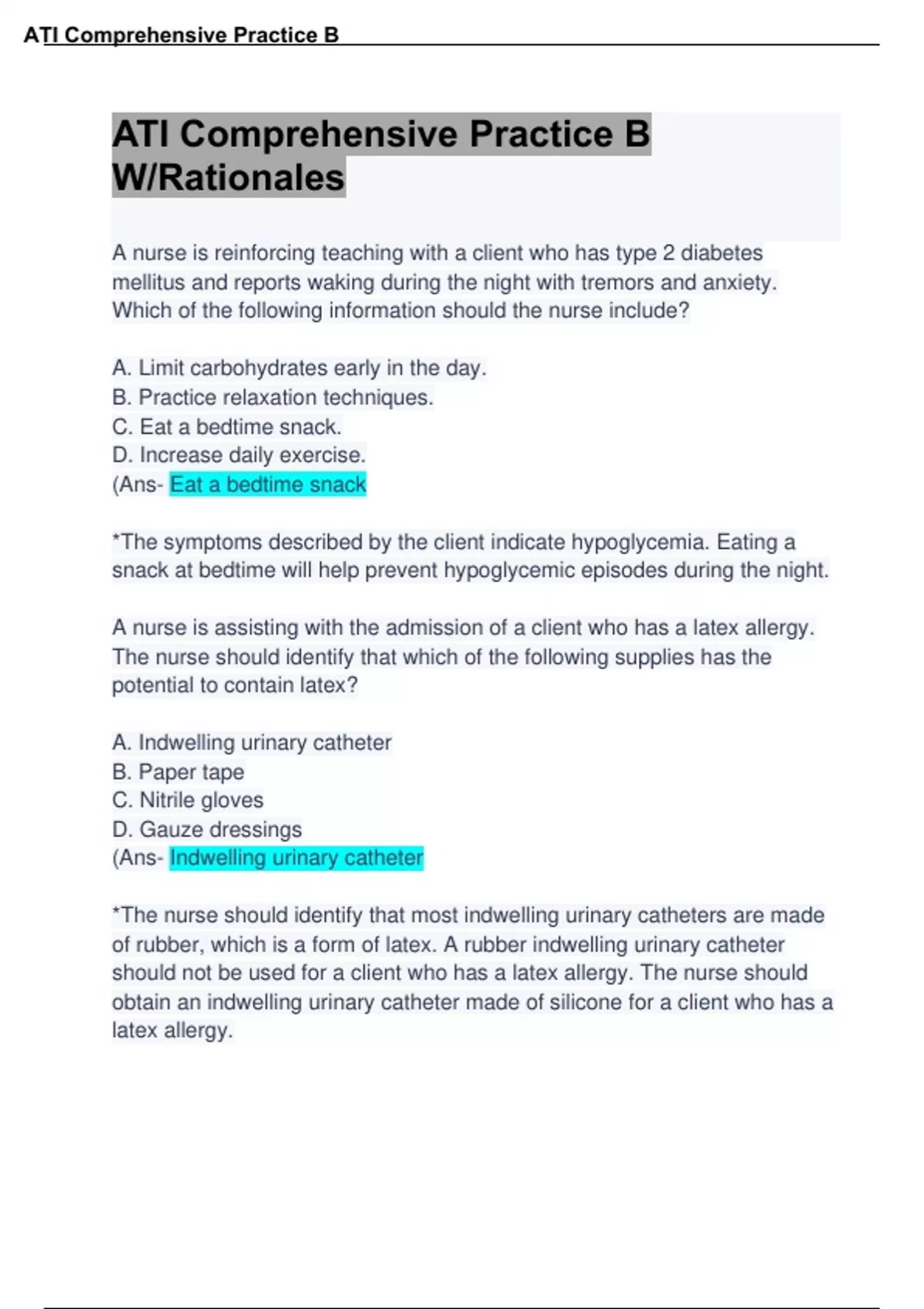 ATI Comprehensive Practice B: W/Rationales: Questions & Answers ...