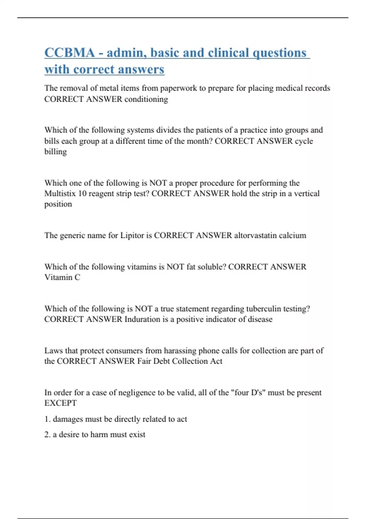 CCBMA - admin, basic and clinical questions with correct answers ...