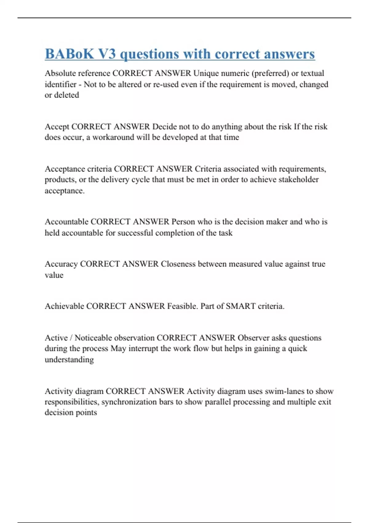 BABoK V3 questions with correct answers - BABoK - Stuvia US