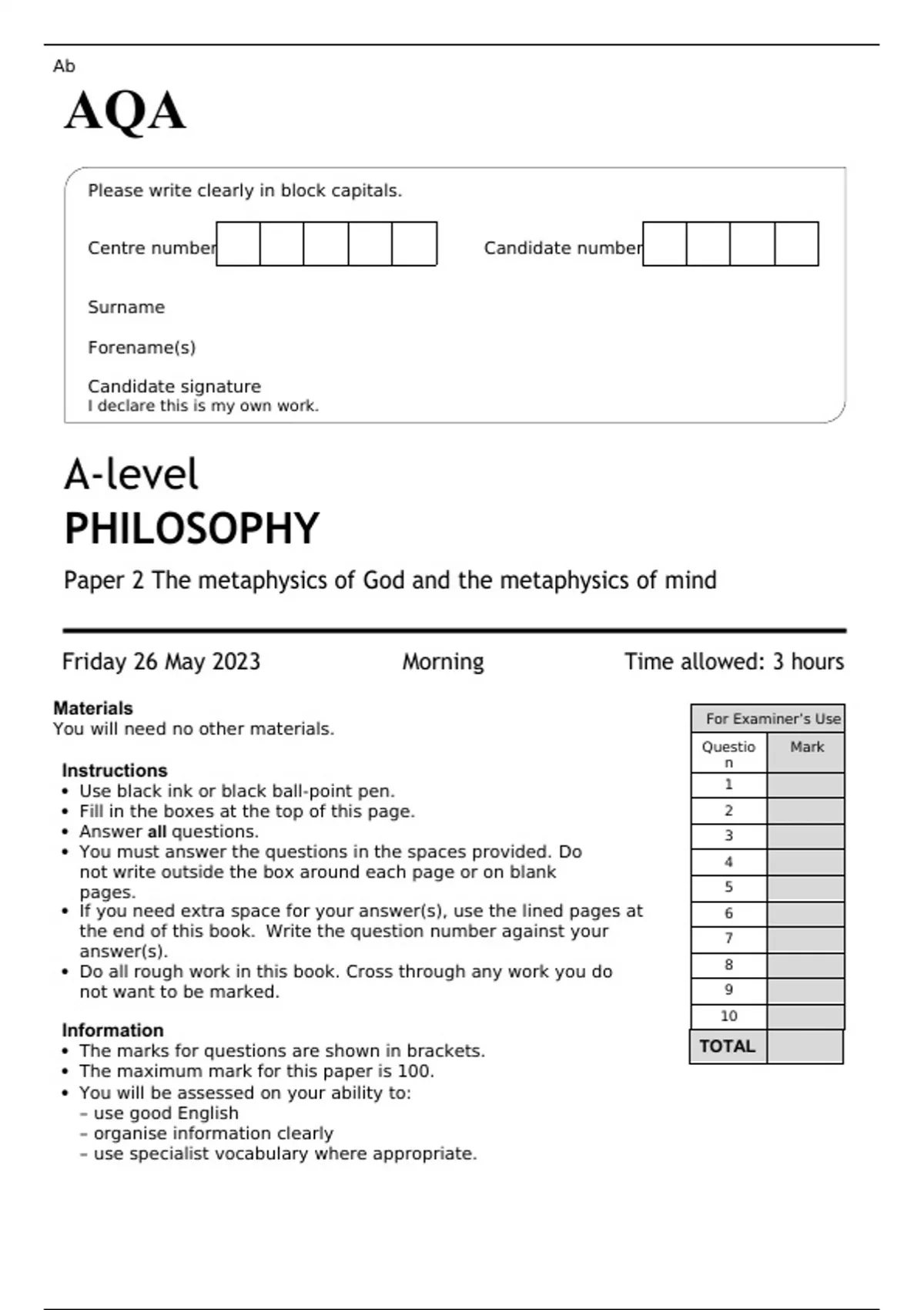 AQA A-level PHILOSOPHY Paper 1 and 2 JUNE 2023 QUESTION PAPERS AND MARK ...