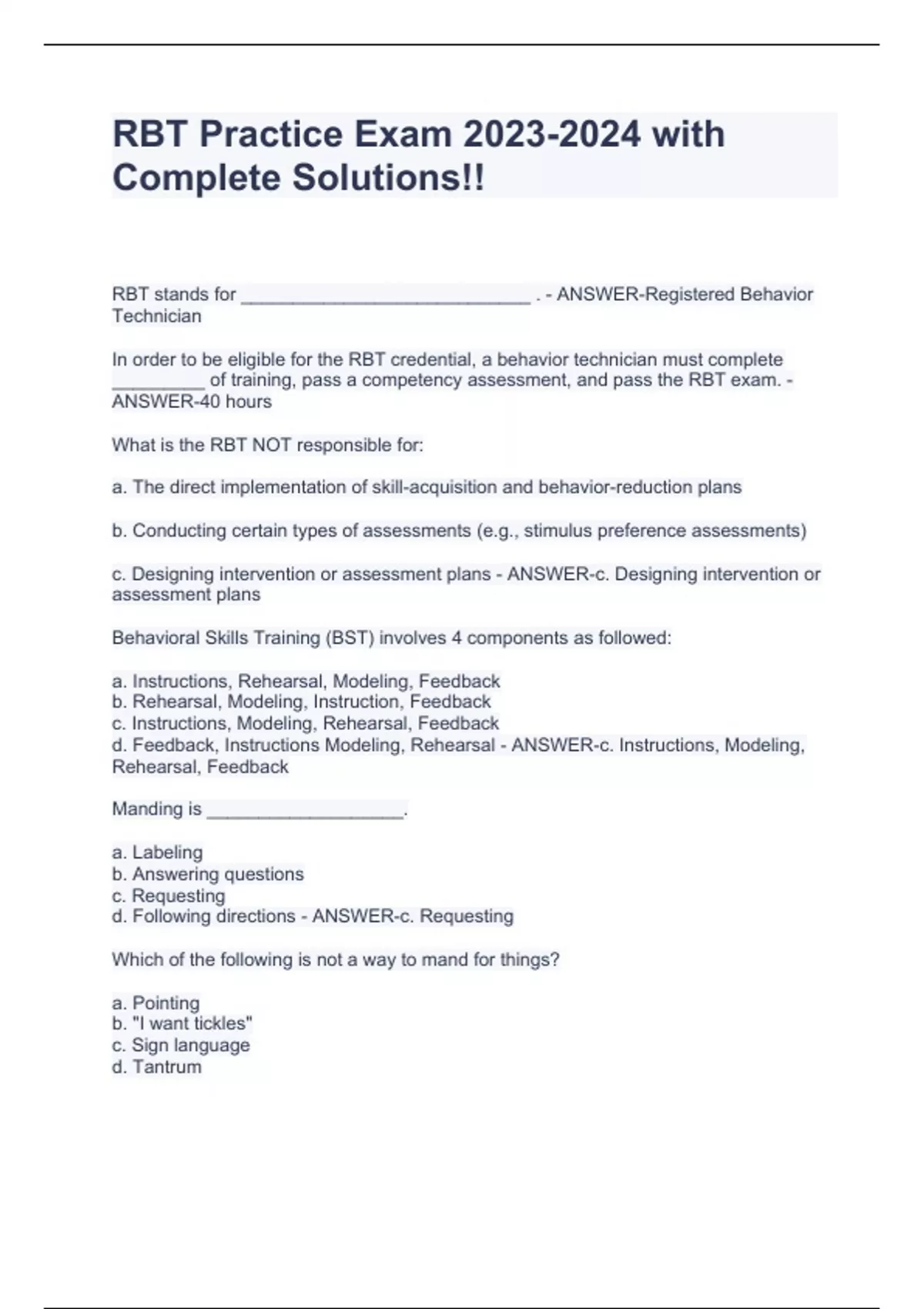 RBT Practice Exam with Complete Solutions!! - RBT - Stuvia US