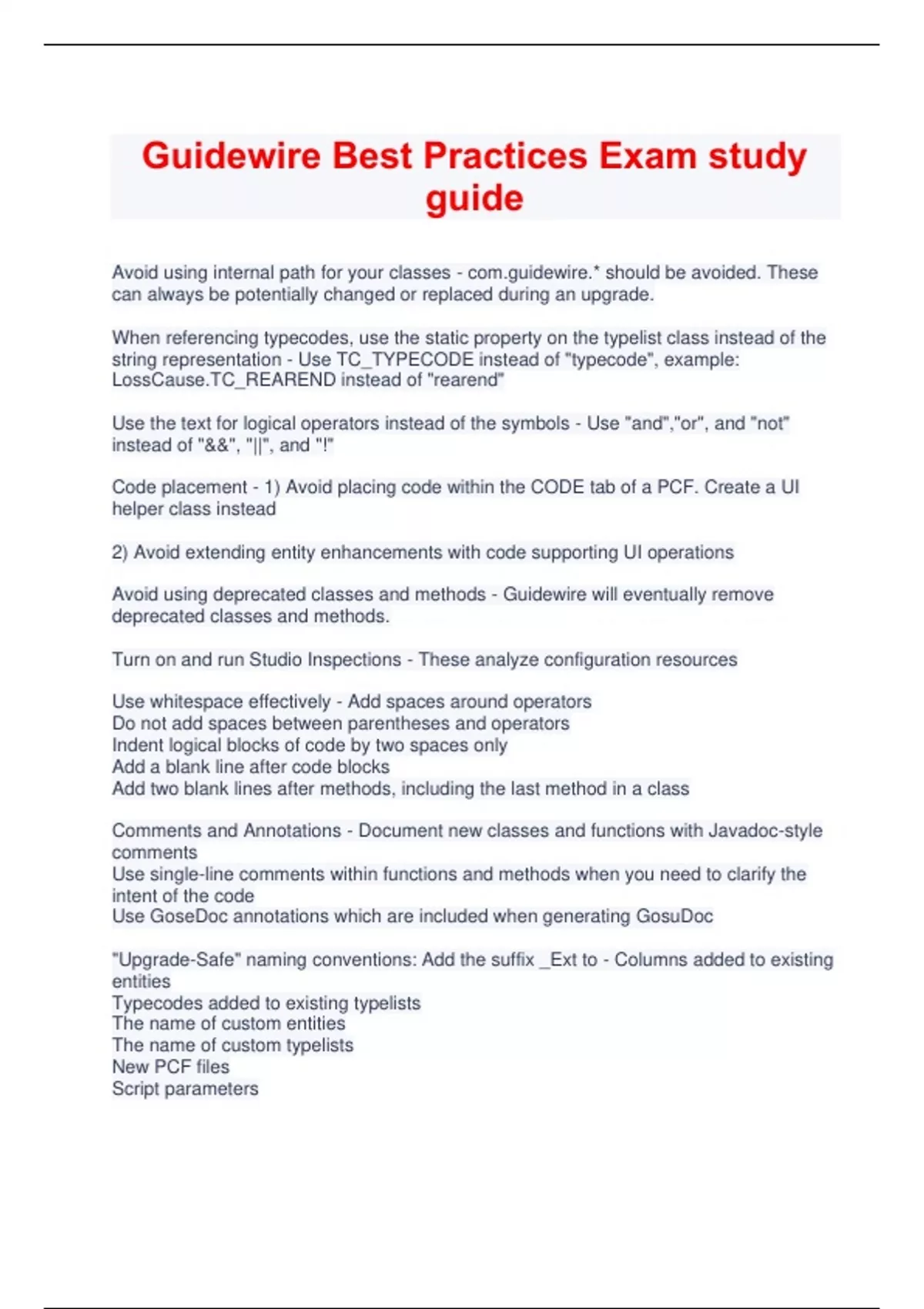 Guidewire Best Practices Exam study guide - Wire , - Stuvia US