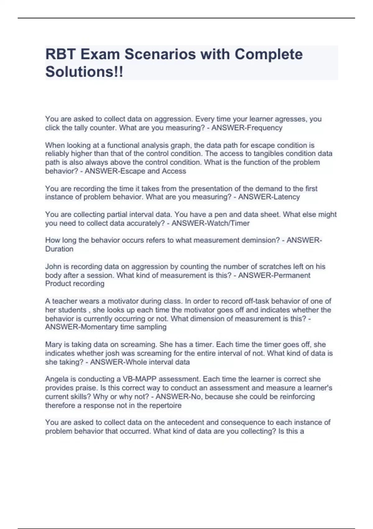 RBT Exam Scenarios with Complete Solutions!! - RBT - Stuvia US