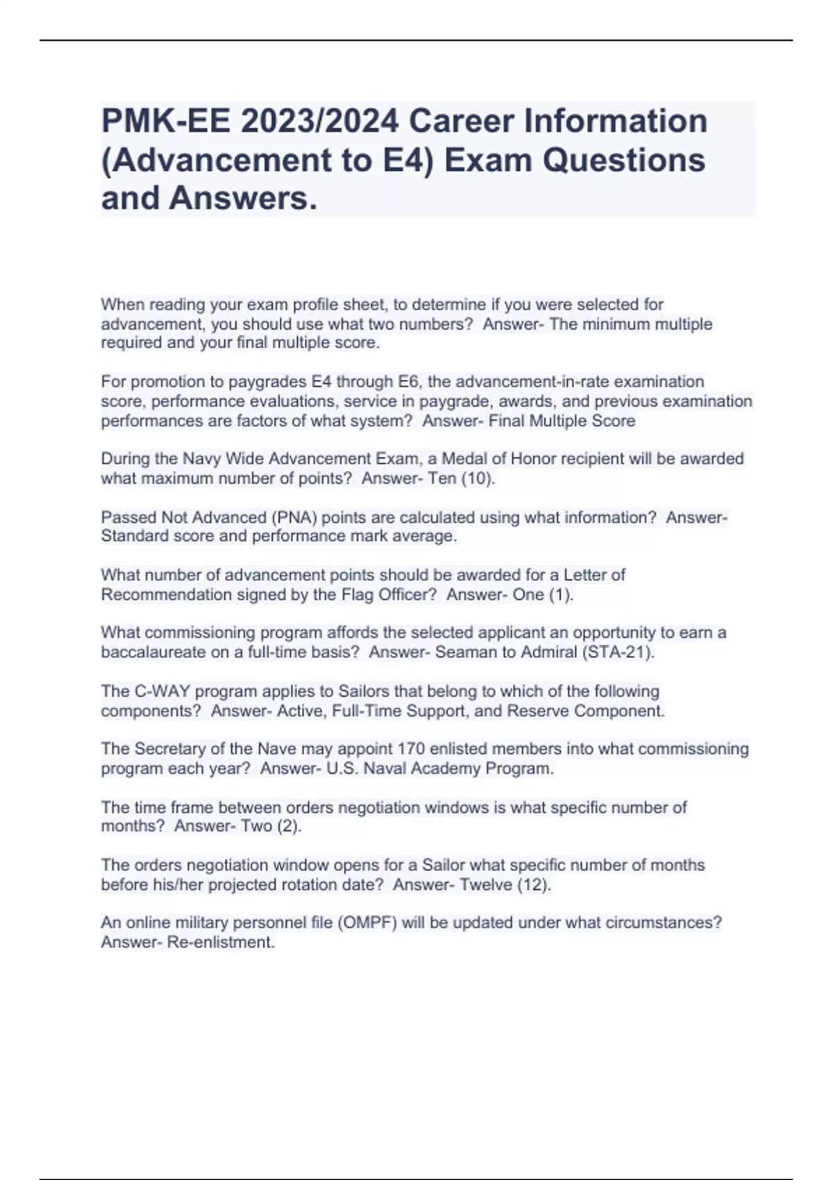 PMK-EE 2023/2024 Career Information (Advancement to E4) Exam Questions ...